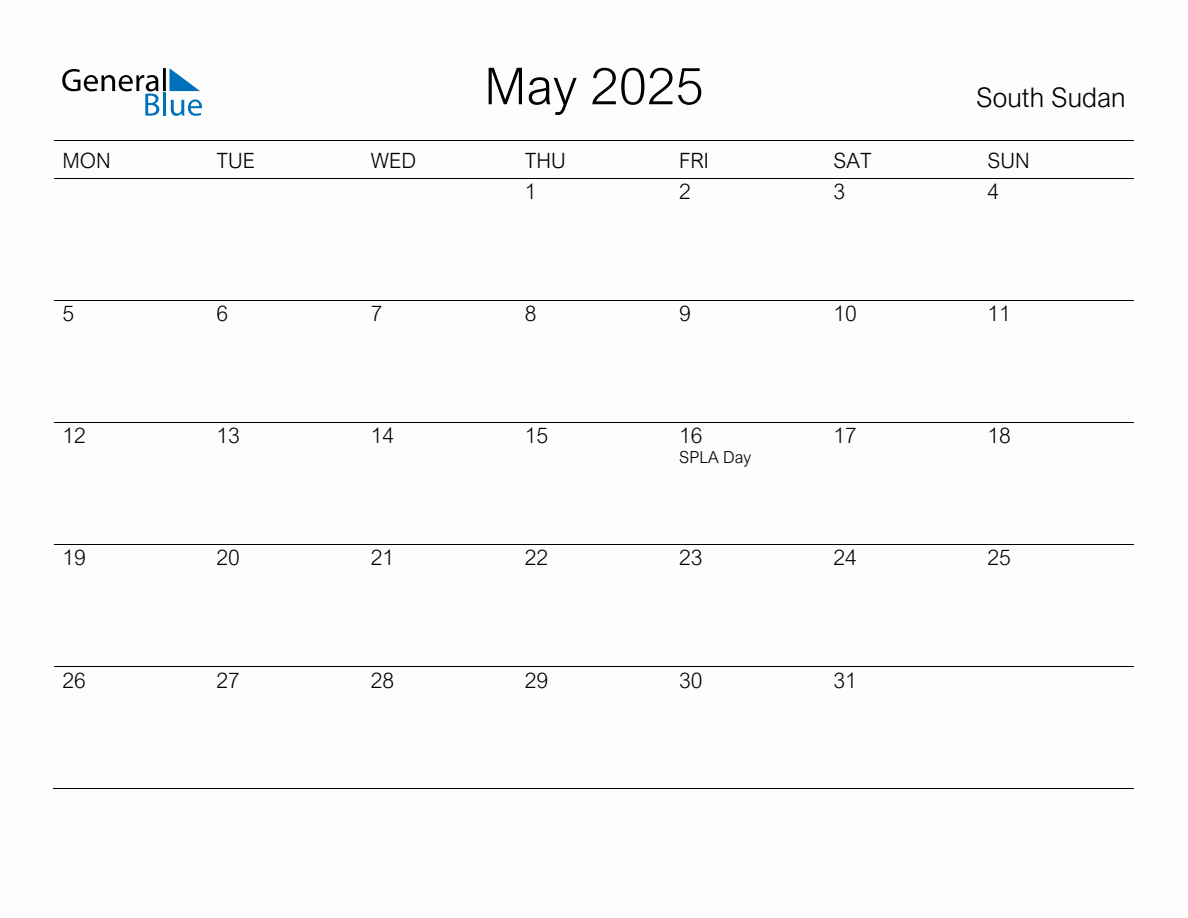 Printable May 2025 Monthly Calendar with Holidays for South Sudan ...