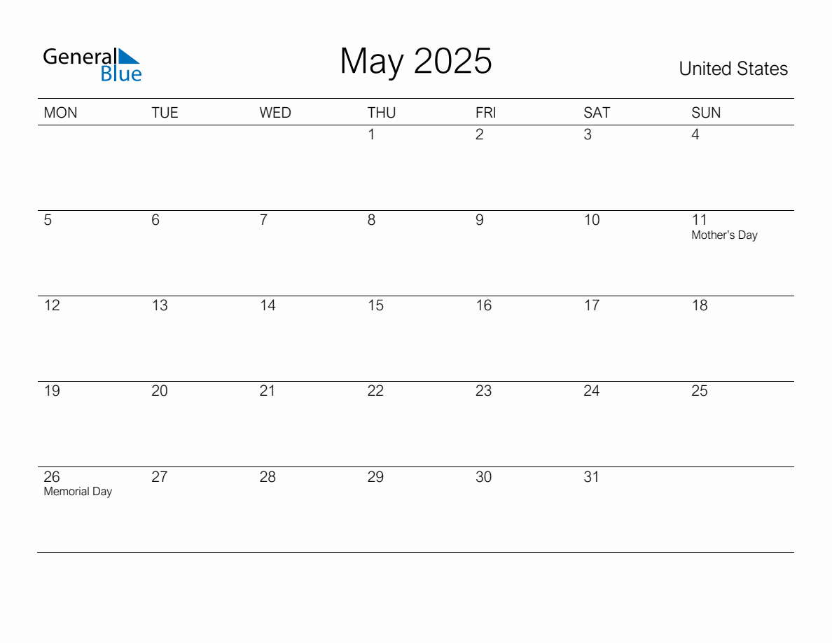 Printable May 2025 Monthly Calendar with Holidays for United States ...