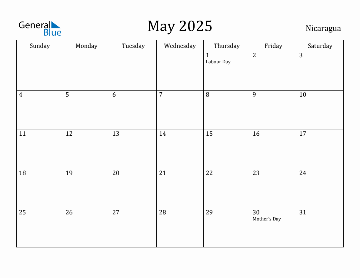 May 2025 Monthly Calendar with Nicaragua Holidays