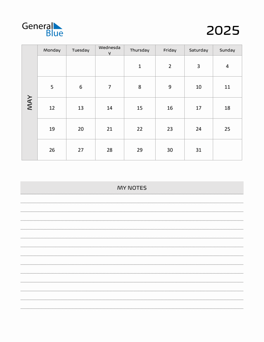 May 2025 Printable Monthly Calendar with Notes - Monday Start