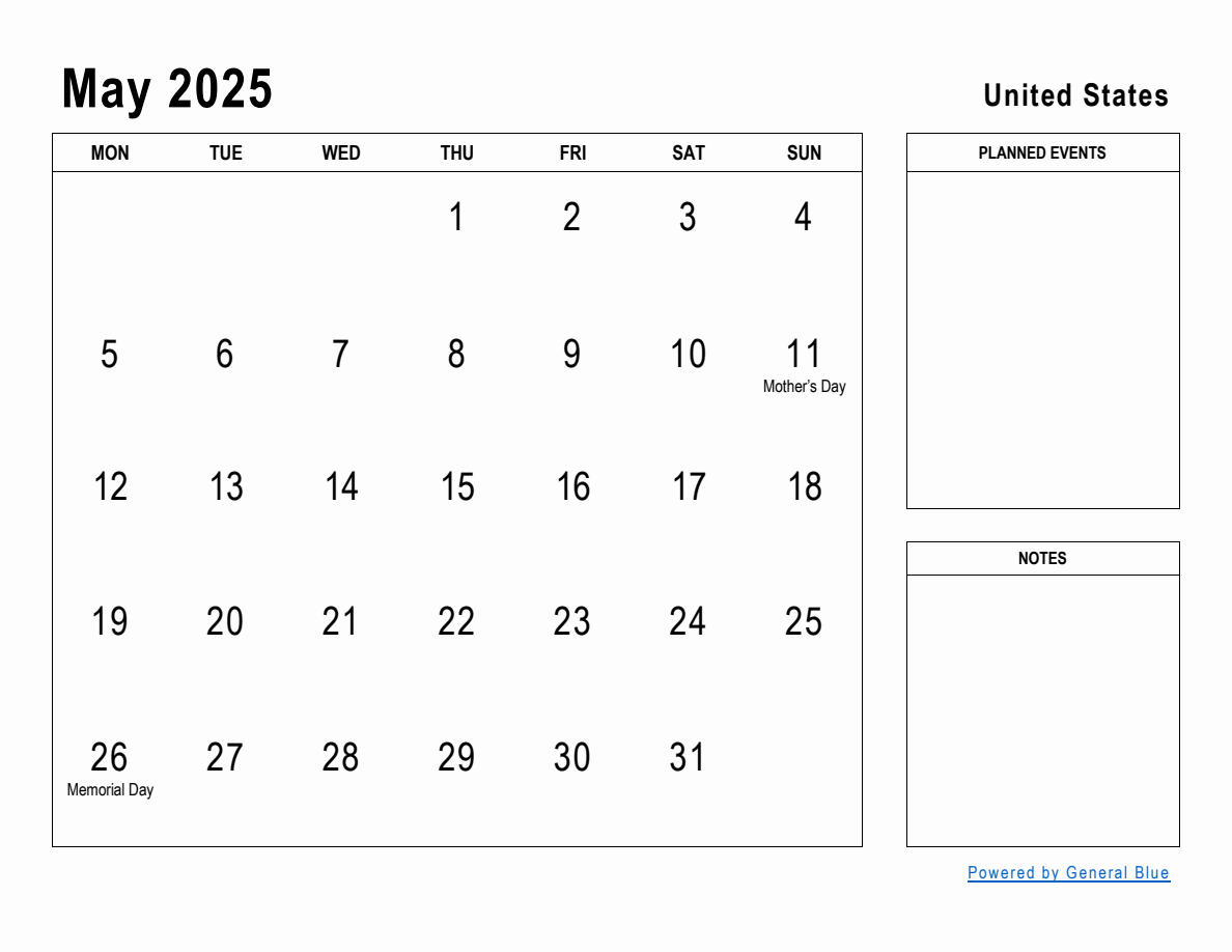 May 2025 Planner with United States Holidays (Monday Start)