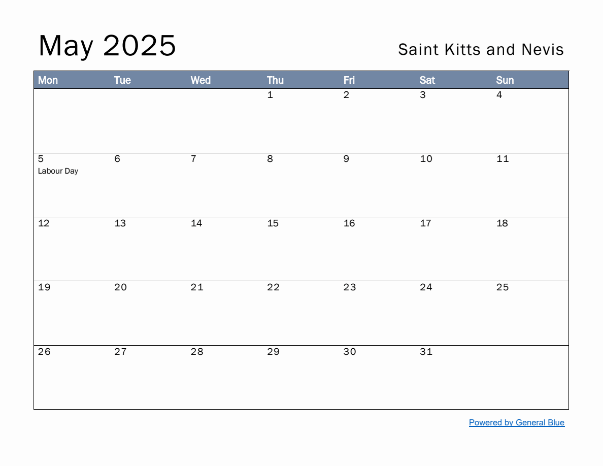 Free Monthly Calendar Template for May 2025 with Saint Kitts and Nevis ...