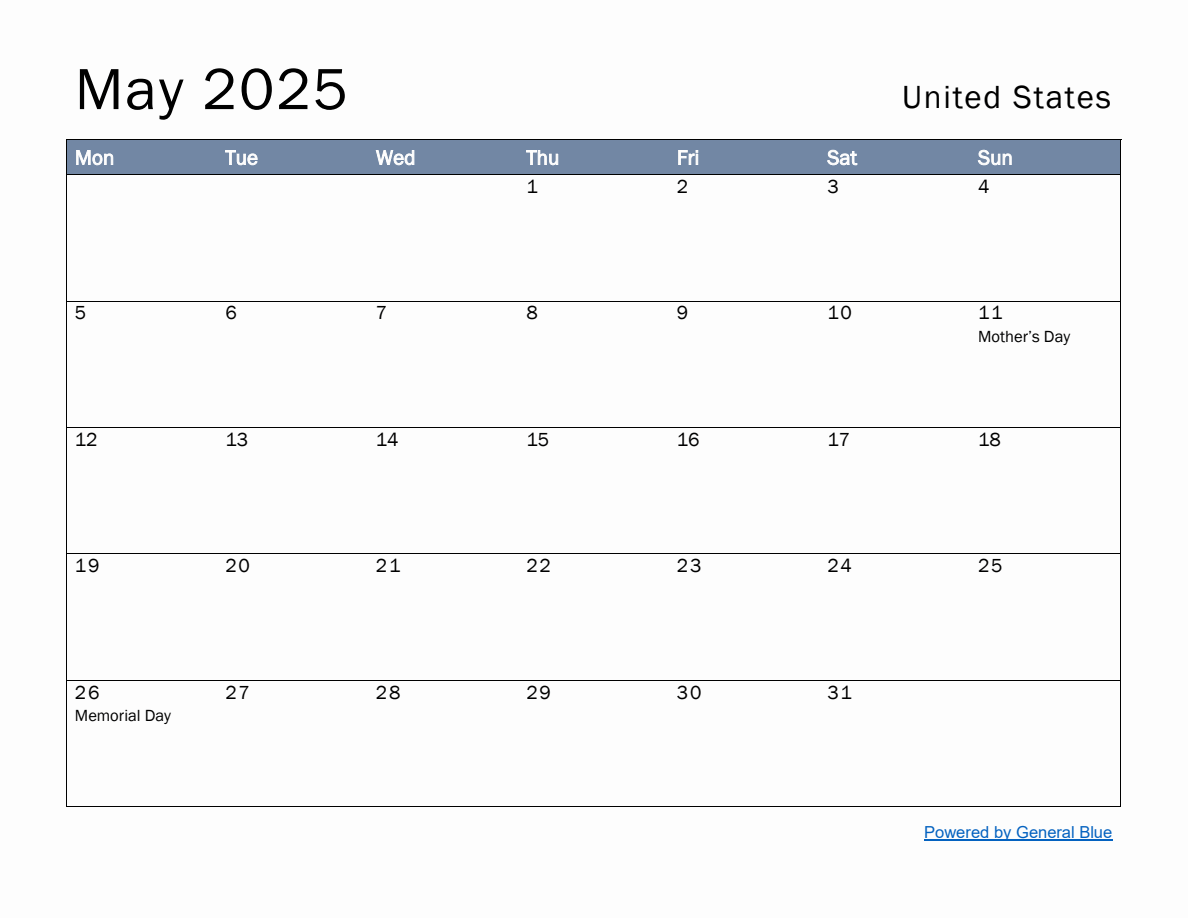 Free Monthly Calendar Template for May 2025 with United States Holidays ...