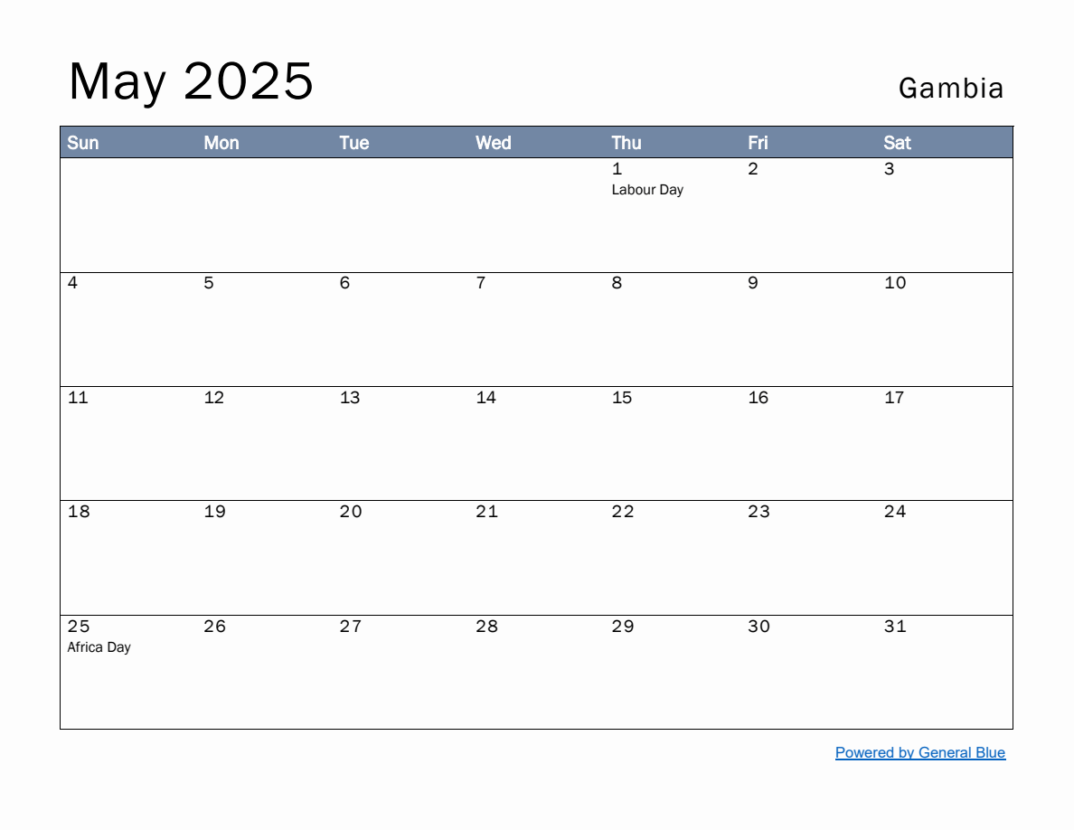 Free Monthly Calendar Template for May 2025 with Gambia Holidays