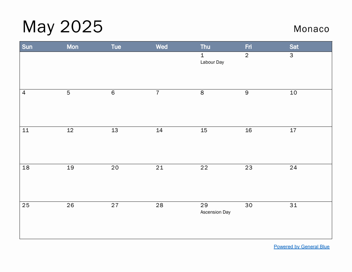 Free Monthly Calendar Template for May 2025 with Monaco Holidays