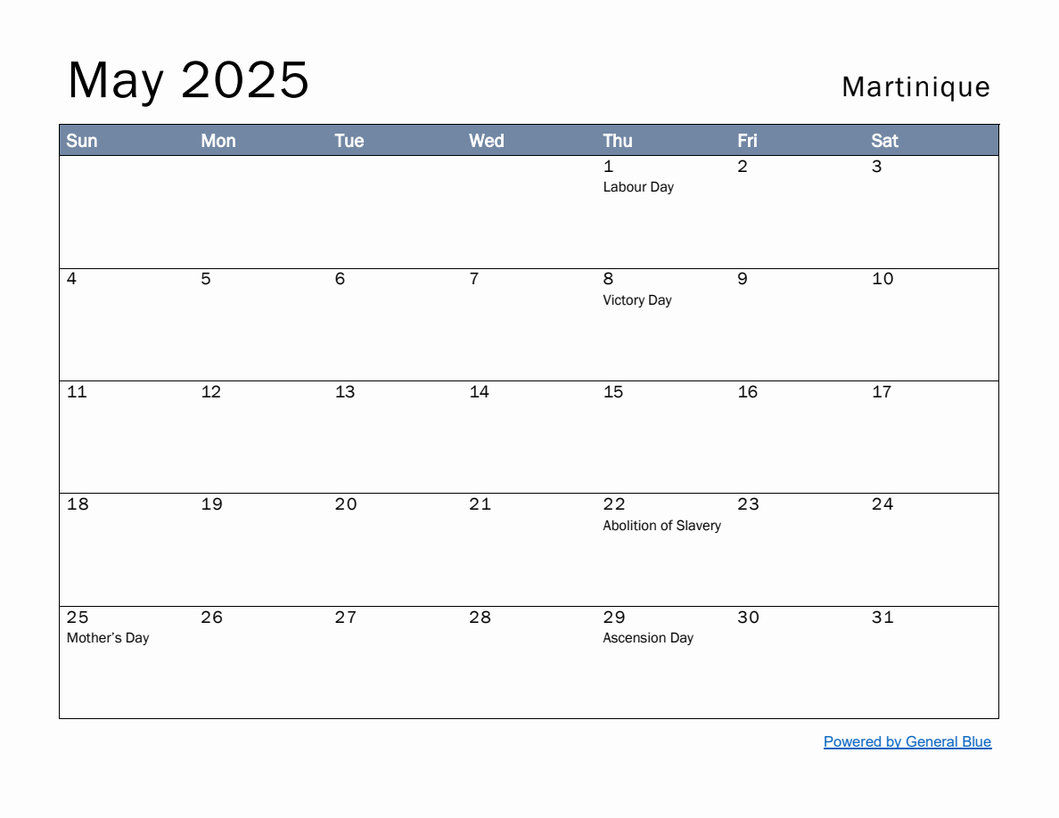 Free Monthly Calendar Template for May 2025 with Martinique Holidays