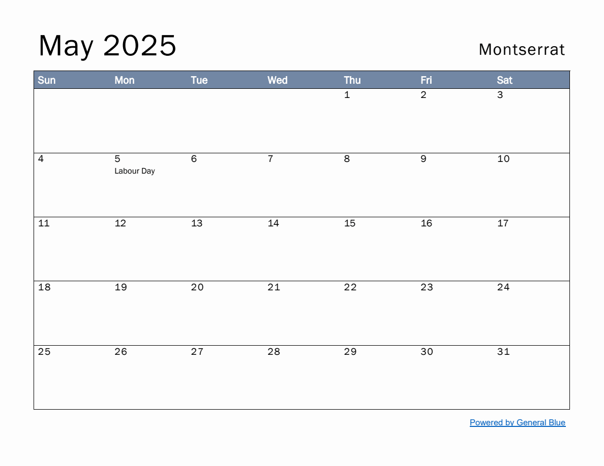 Free Monthly Calendar Template for May 2025 with Montserrat Holidays