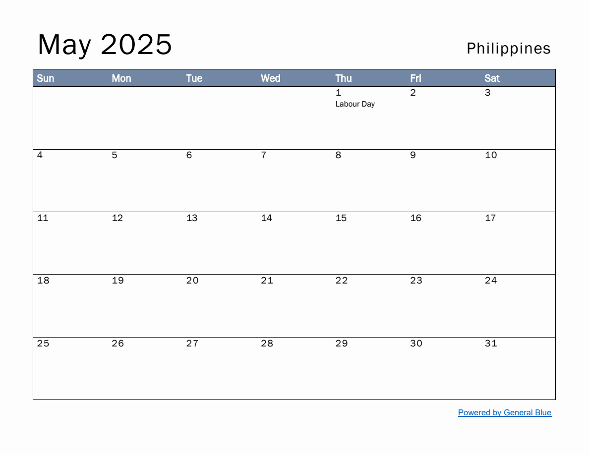 Free Monthly Calendar Template for May 2025 with Philippines Holidays