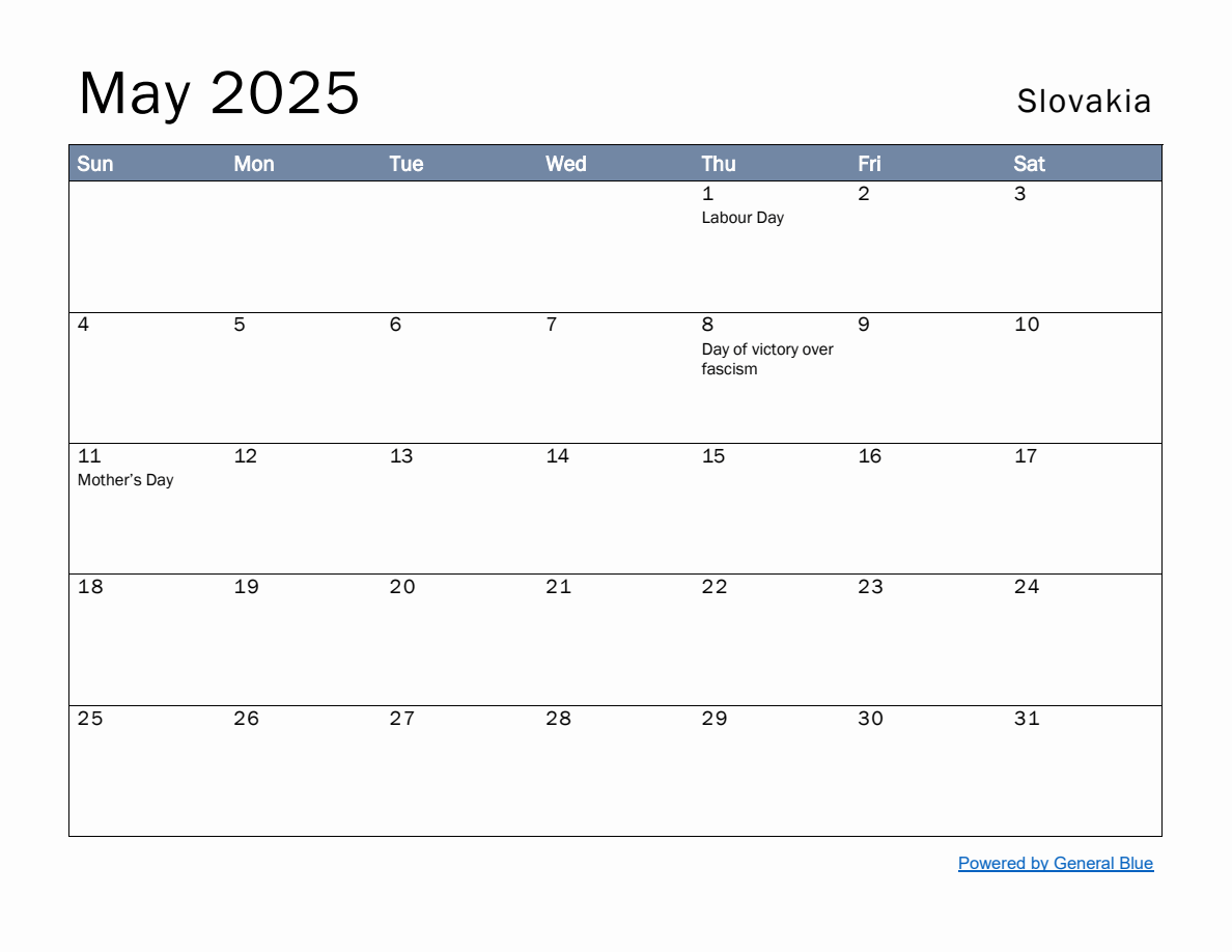 Free Monthly Calendar Template for May 2025 with Slovakia Holidays