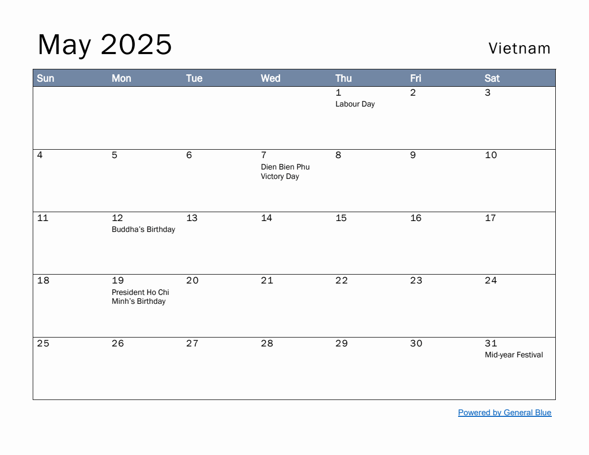 Free Monthly Calendar Template for May 2025 with Vietnam Holidays