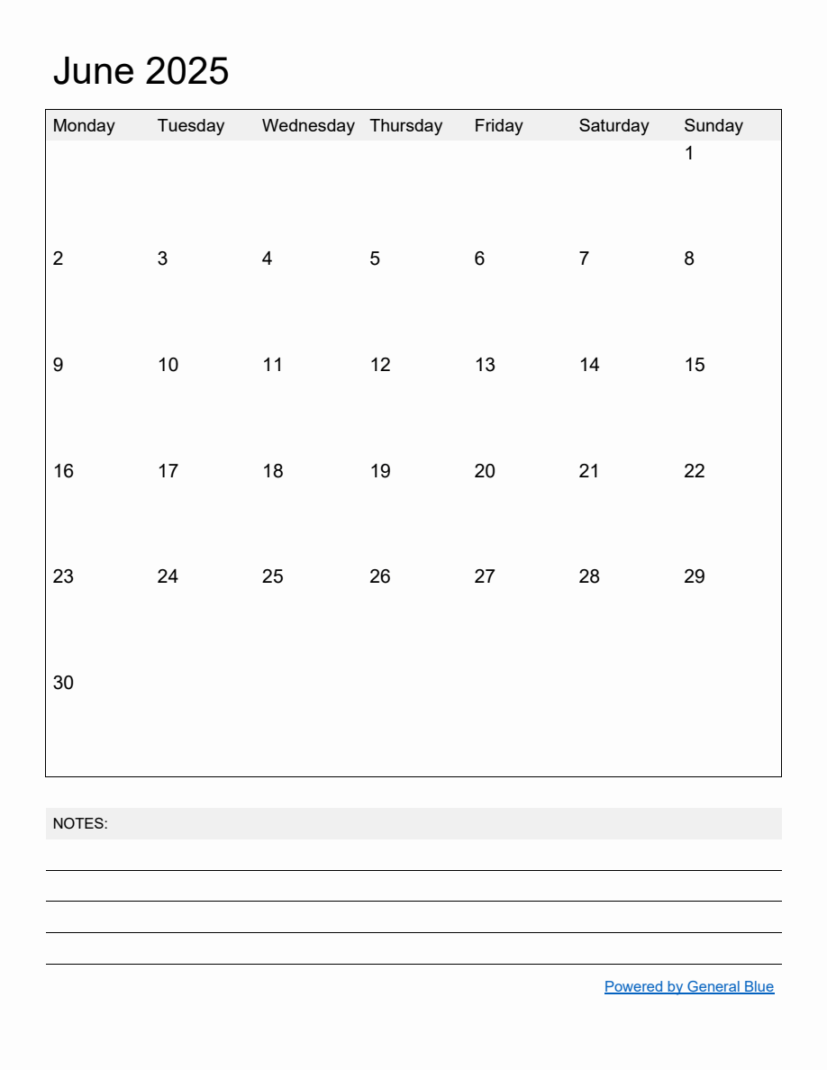 Free Printable Monthly Calendar for June 2025 - Monday Start
