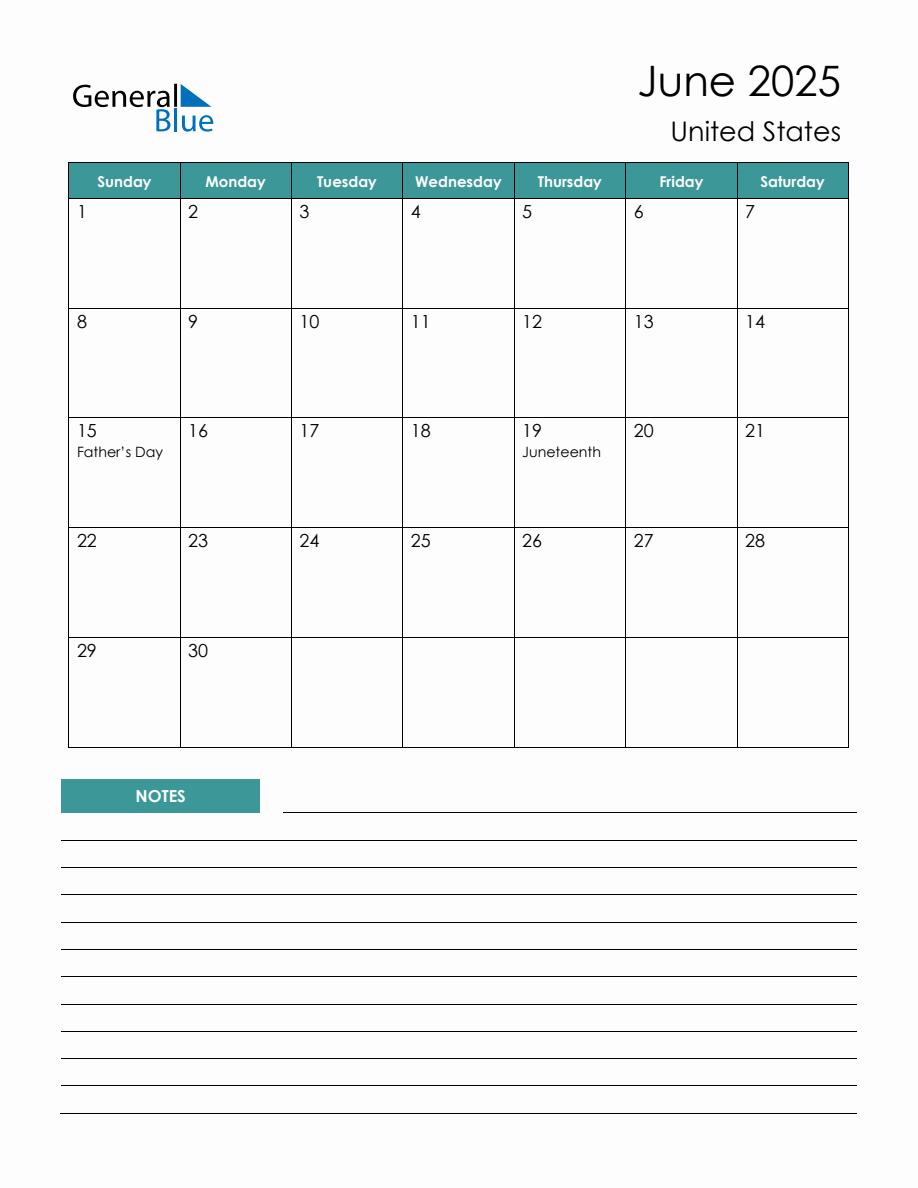 Monthly Planner with United States Holidays - June 2025
