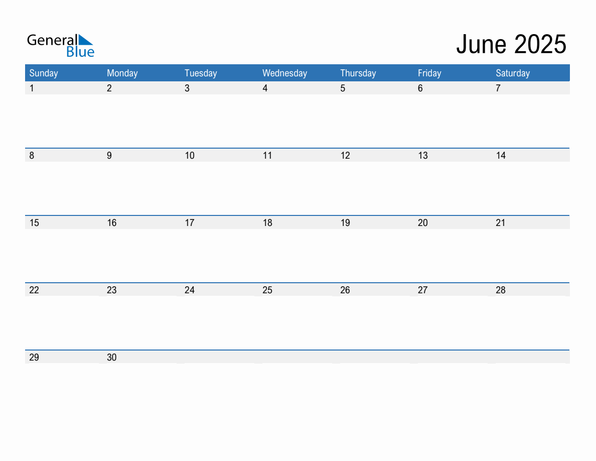Editable Calendar Template for June 2025