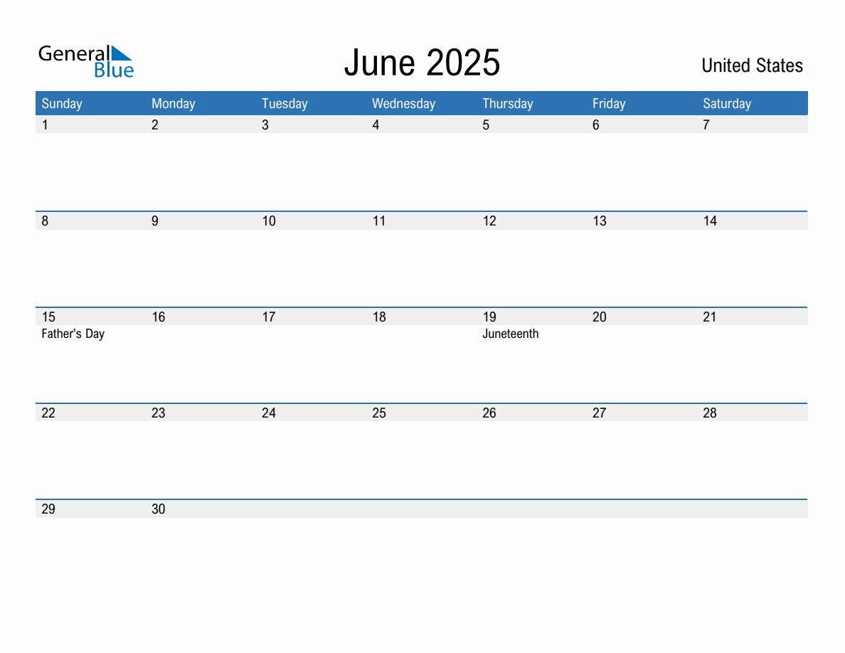June 2025 Monthly Calendars with United States Holidays