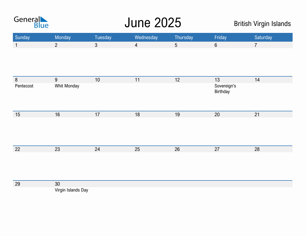 June 2025 Monthly Calendars with British Virgin Islands Holidays