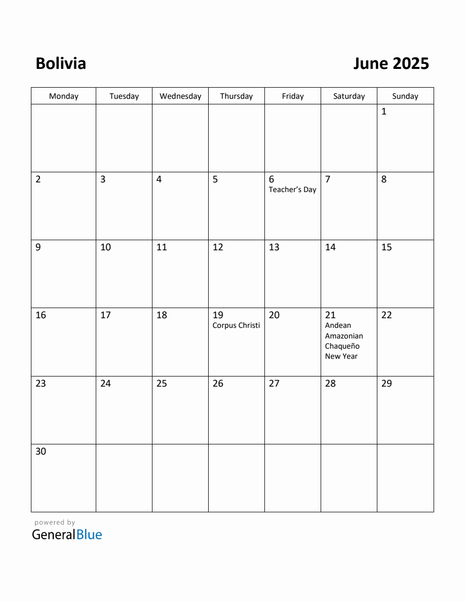Free Printable June 2025 Calendar for Bolivia (Monday Start)