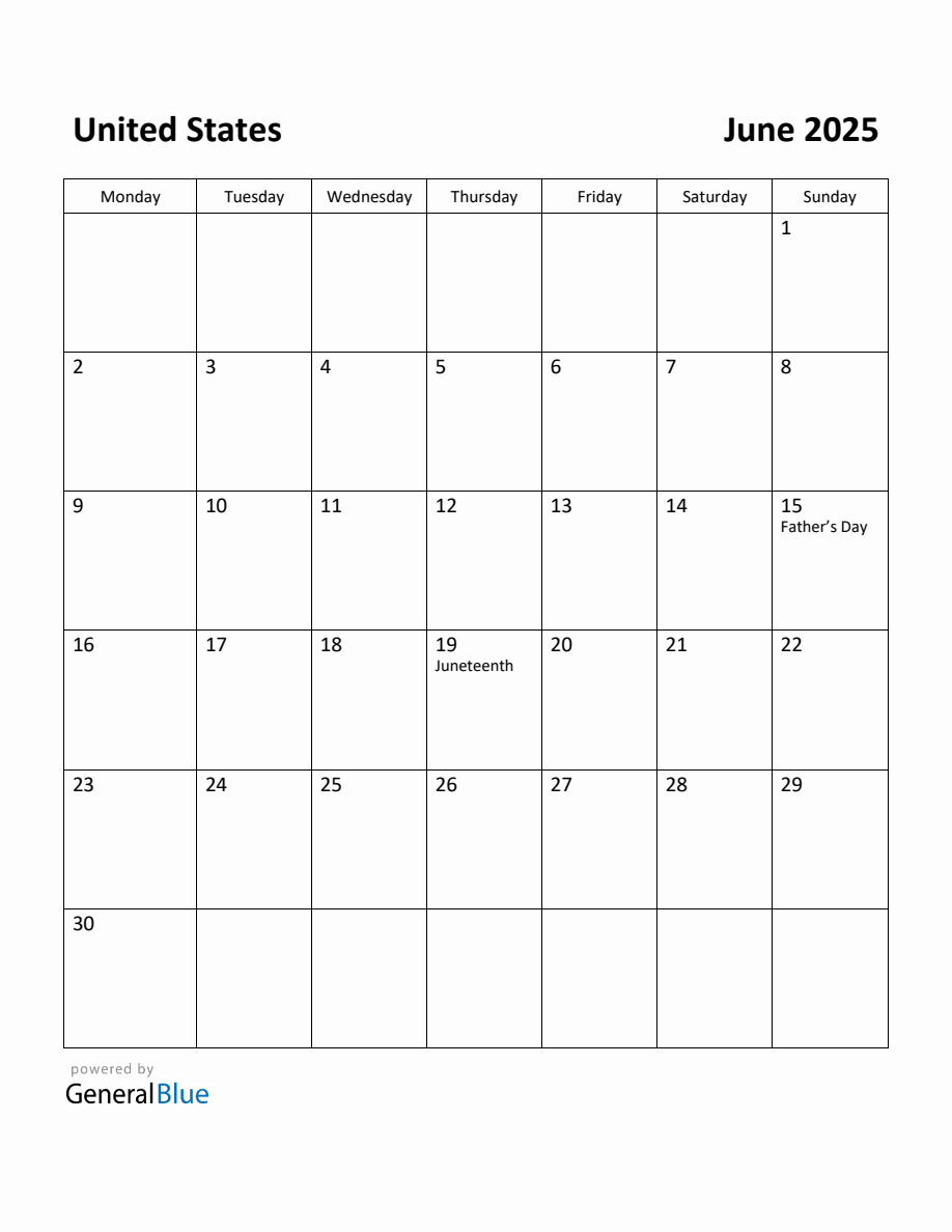 Free Printable June 2025 Calendar for United States (Monday Start)