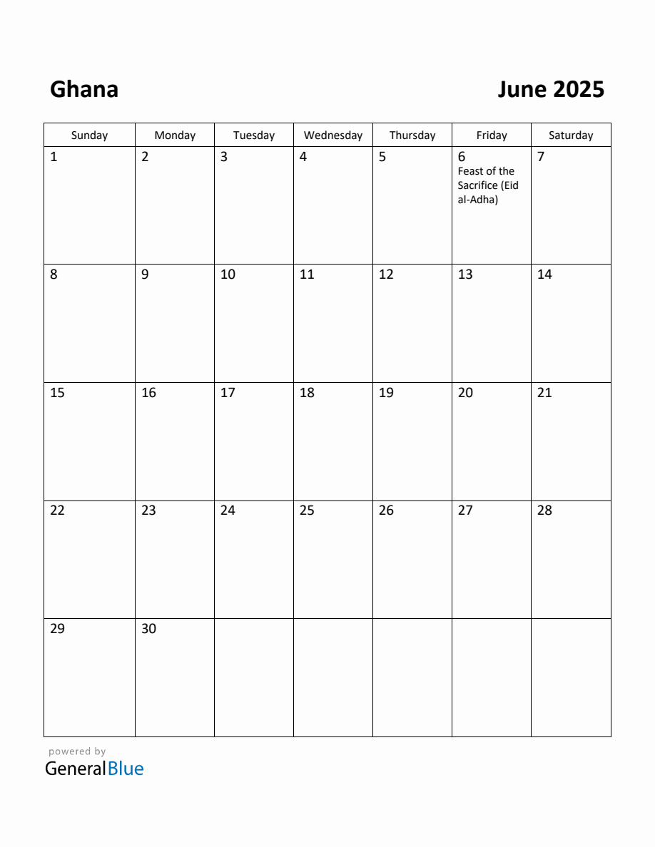 Free Printable June 2025 Calendar for Ghana