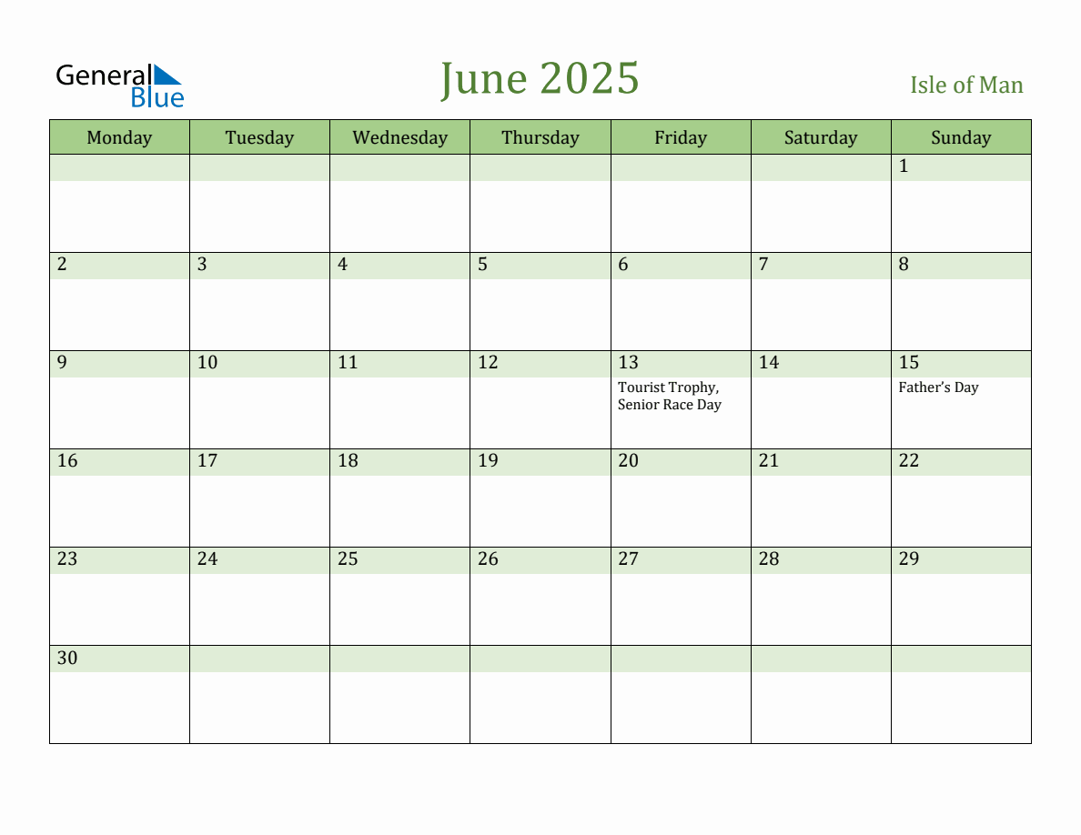 Fillable Holiday Calendar for Isle of Man - June 2025 (Monday Start)