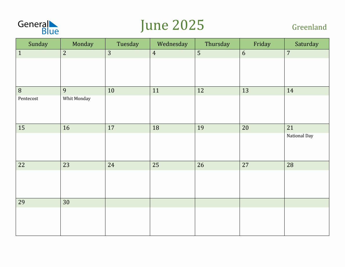 Fillable Holiday Calendar for Greenland - June 2025