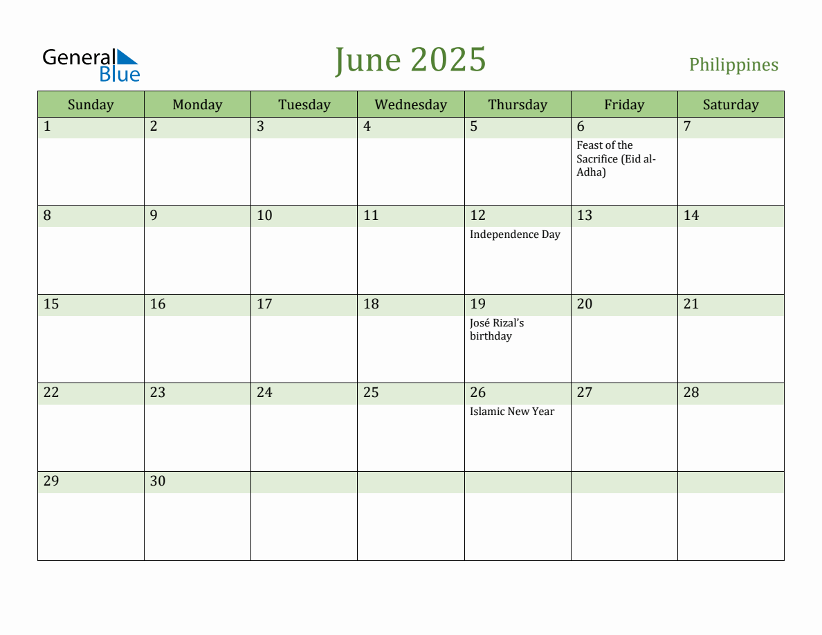 Fillable Holiday Calendar for Philippines - June 2025