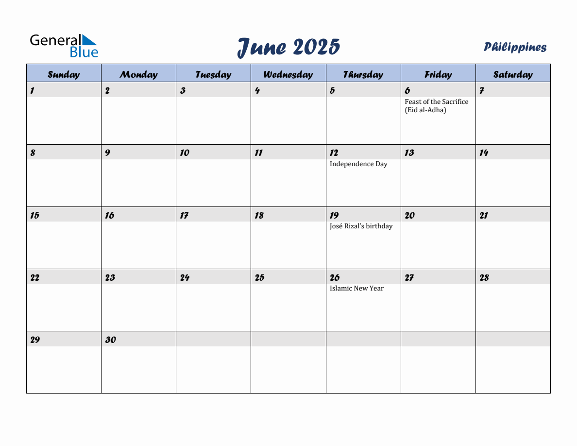 June 2025 Monthly Calendar Template with Holidays for Philippines