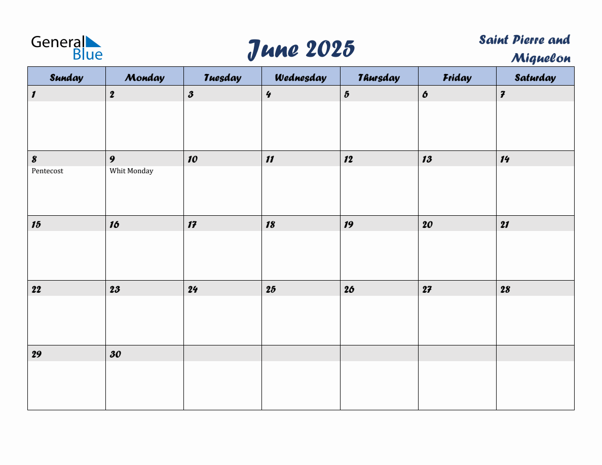 June 2025 Monthly Calendar Template with Holidays for Saint Pierre and ...