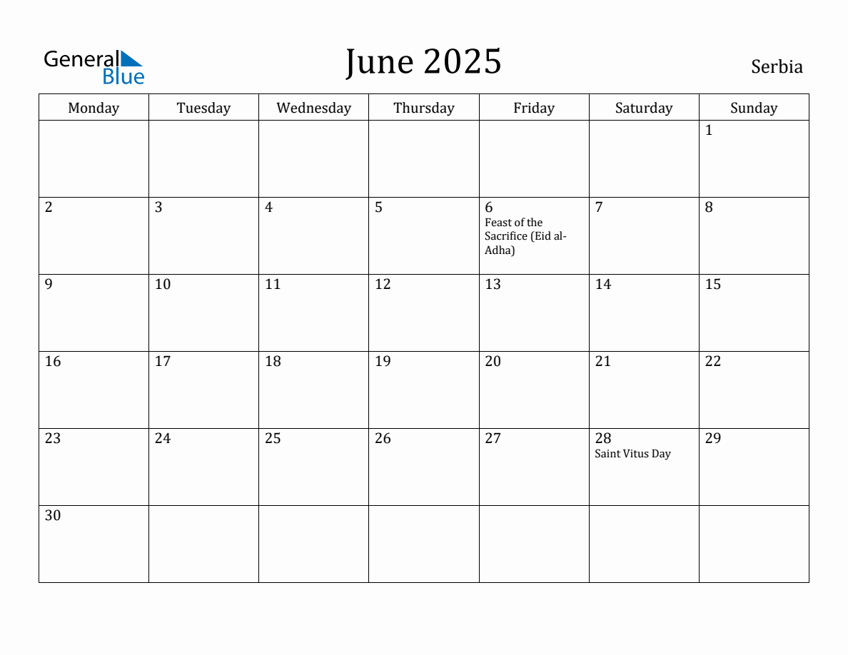 Serbia Monthly Calendar - June 2025 (Monday Start)