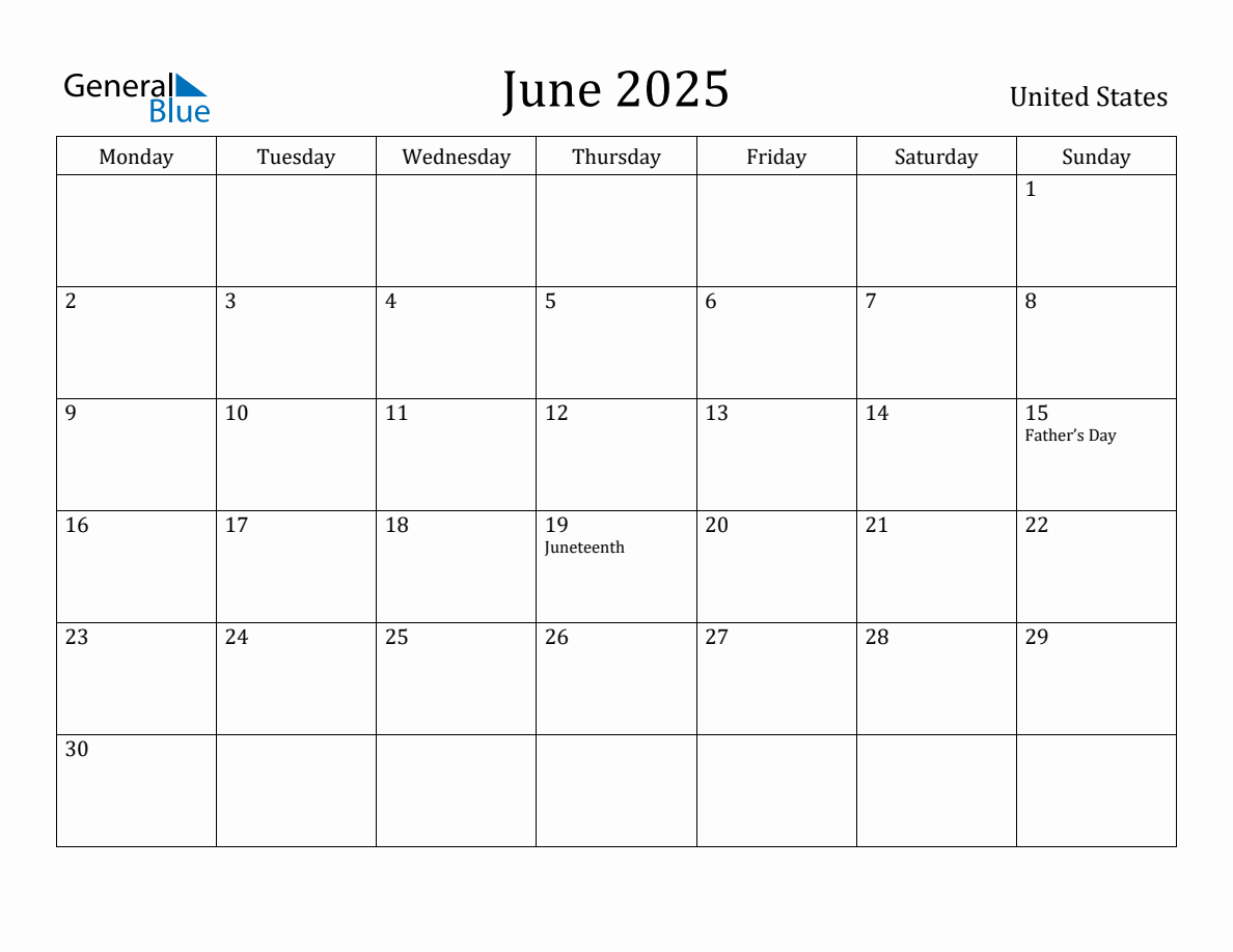 June 2025 Monthly Calendar with United States Holidays (Monday Start)