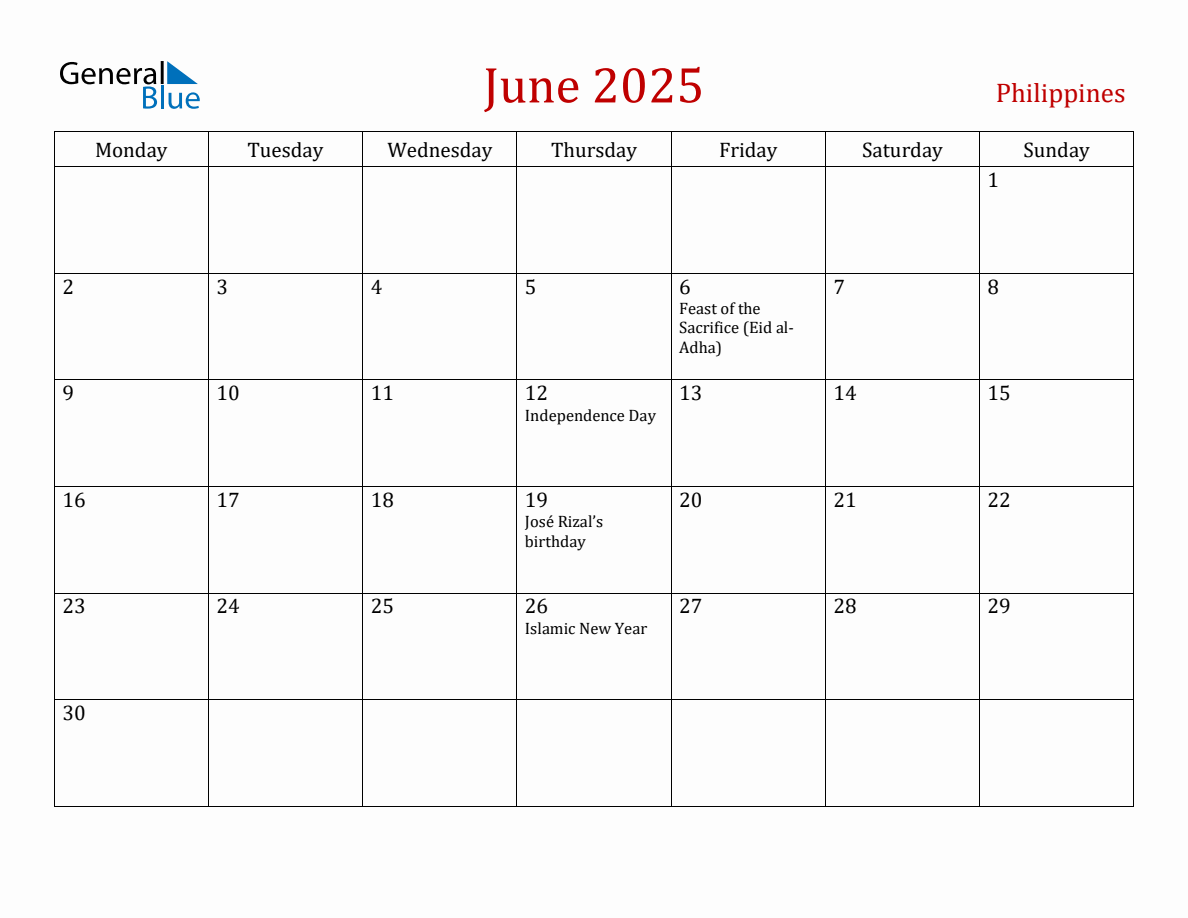 June 2025 Philippines Monthly Calendar with Holidays (Monday Start)