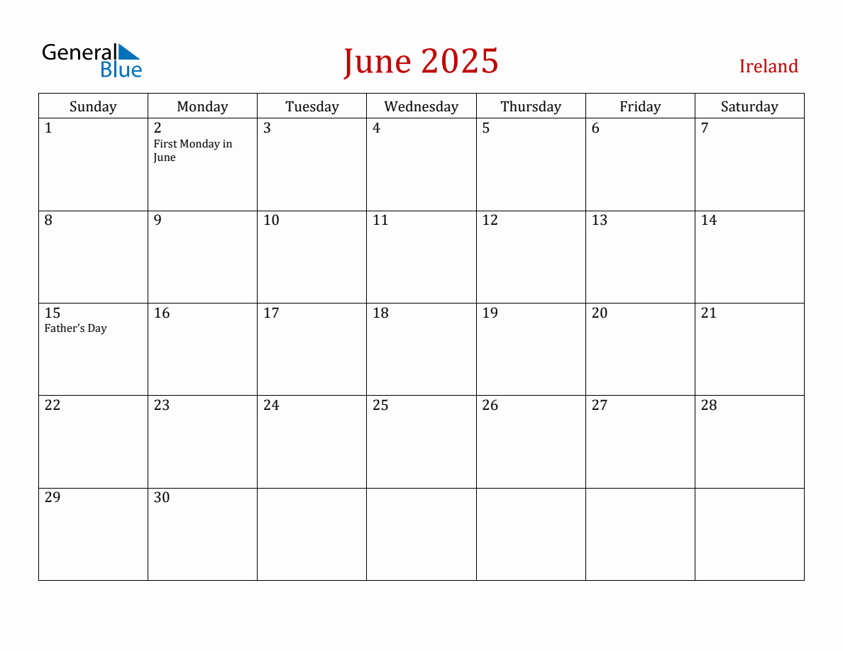 June 2025 Ireland Monthly Calendar with Holidays June 2025 Ireland Monthly Calendar with Holidays