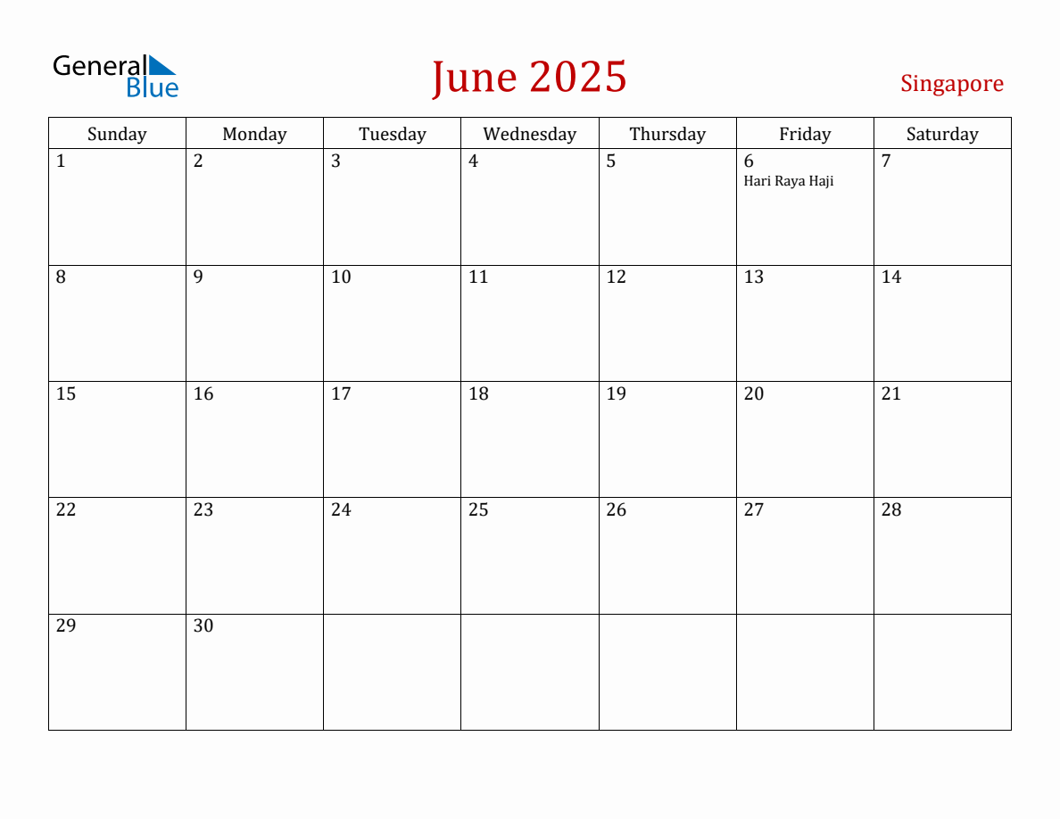 June 2025 Singapore Monthly Calendar with Holidays