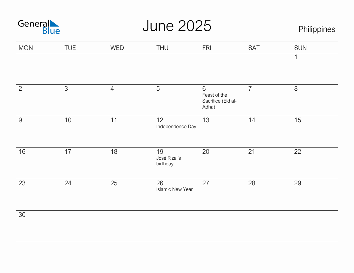 Printable June 2025 Monthly Calendar with Holidays for Philippines ...