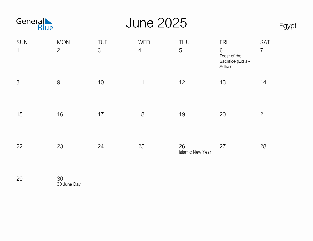 Printable June 2025 Monthly Calendar with Holidays for Egypt