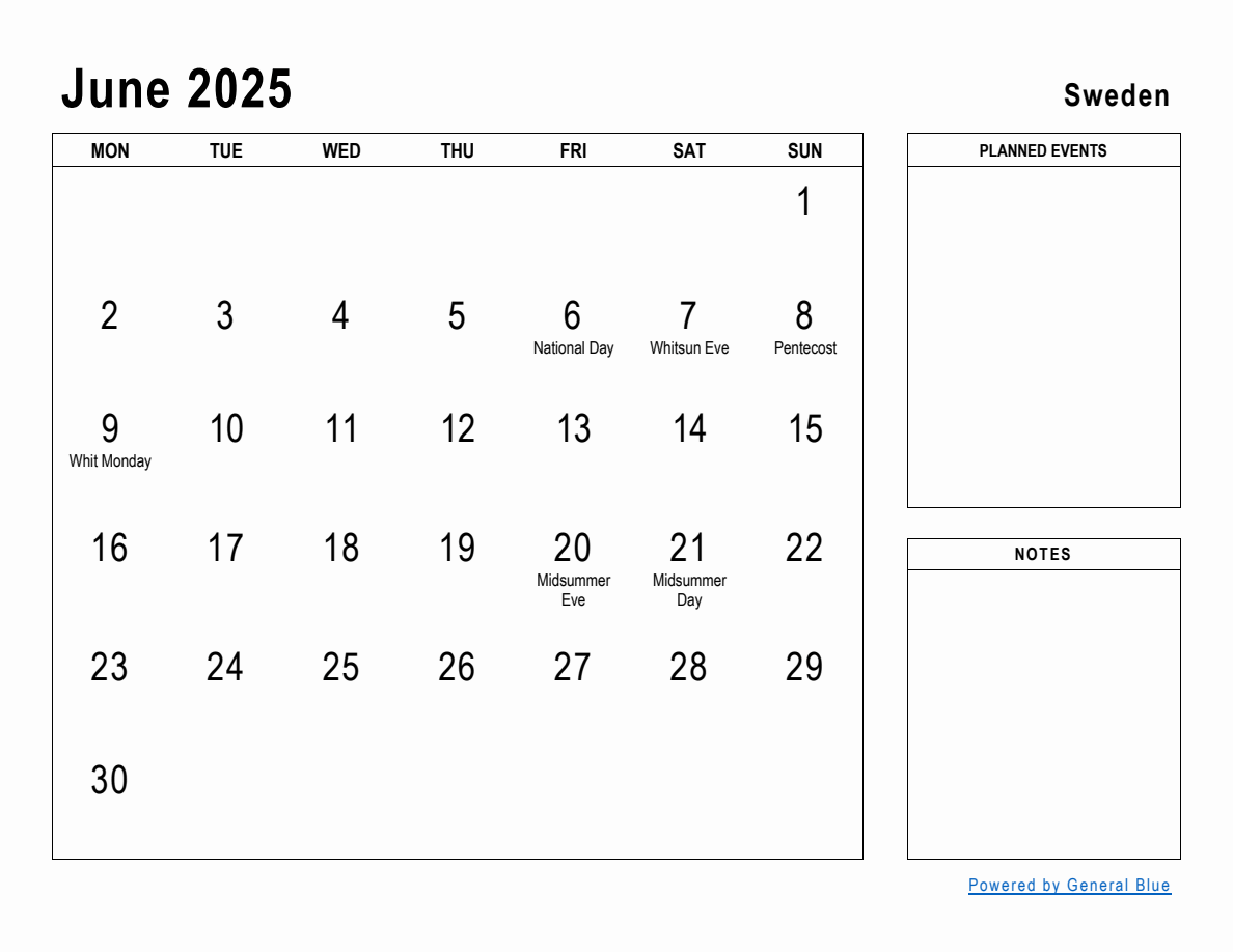 June 2025 Planner with Sweden Holidays