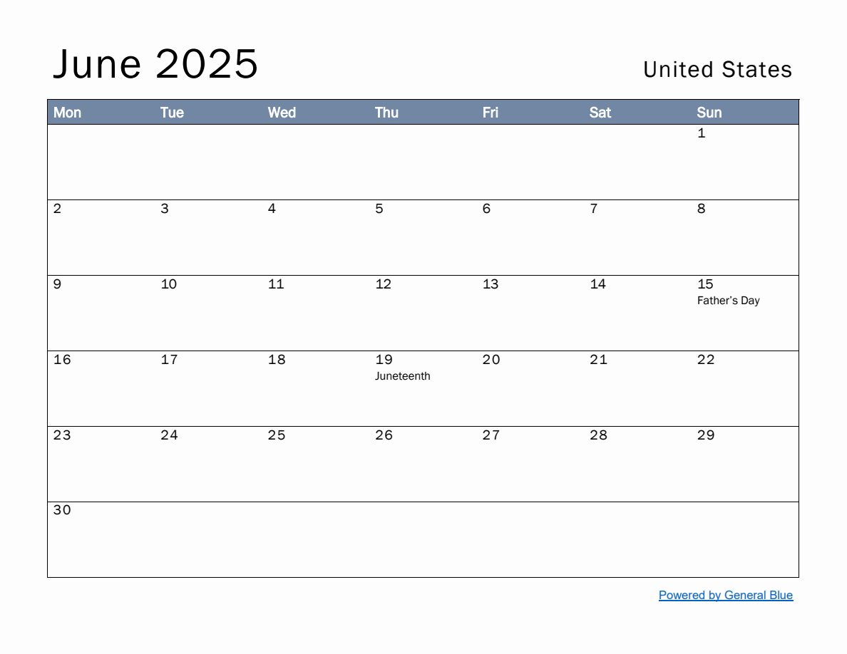 Free Monthly Calendar Template for June 2025 with United States ...