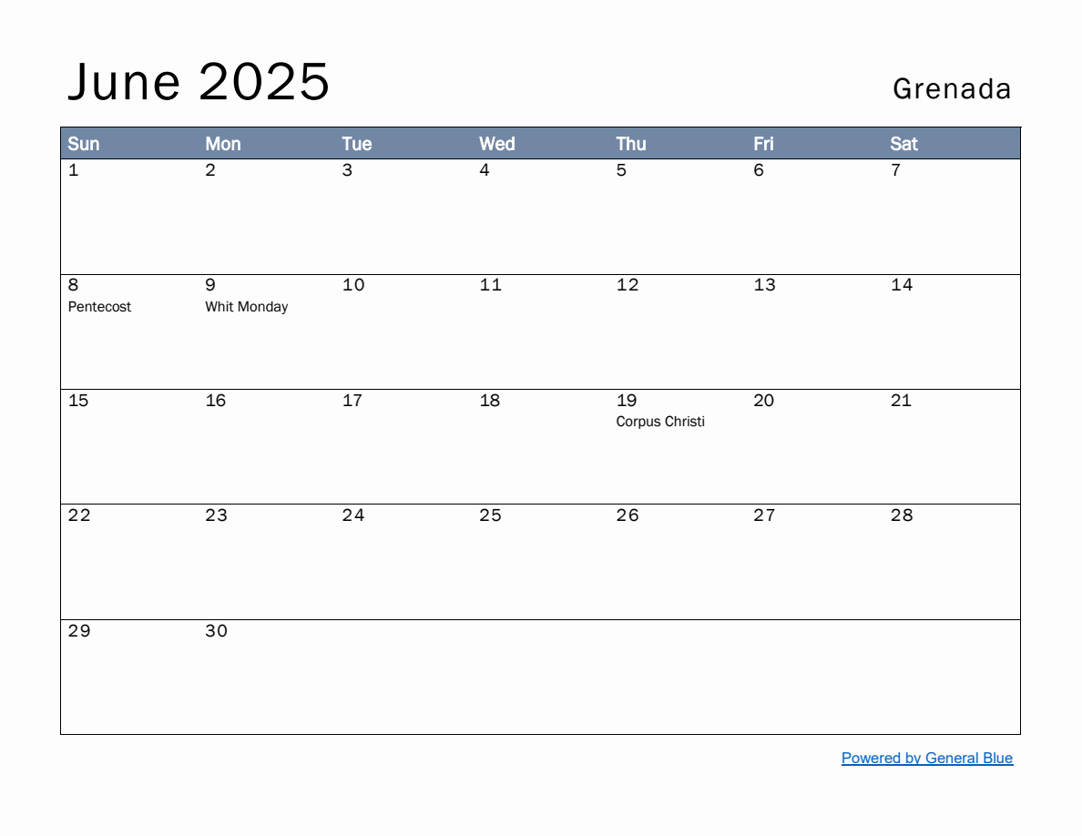 Free Monthly Calendar Template for June 2025 with Grenada Holidays