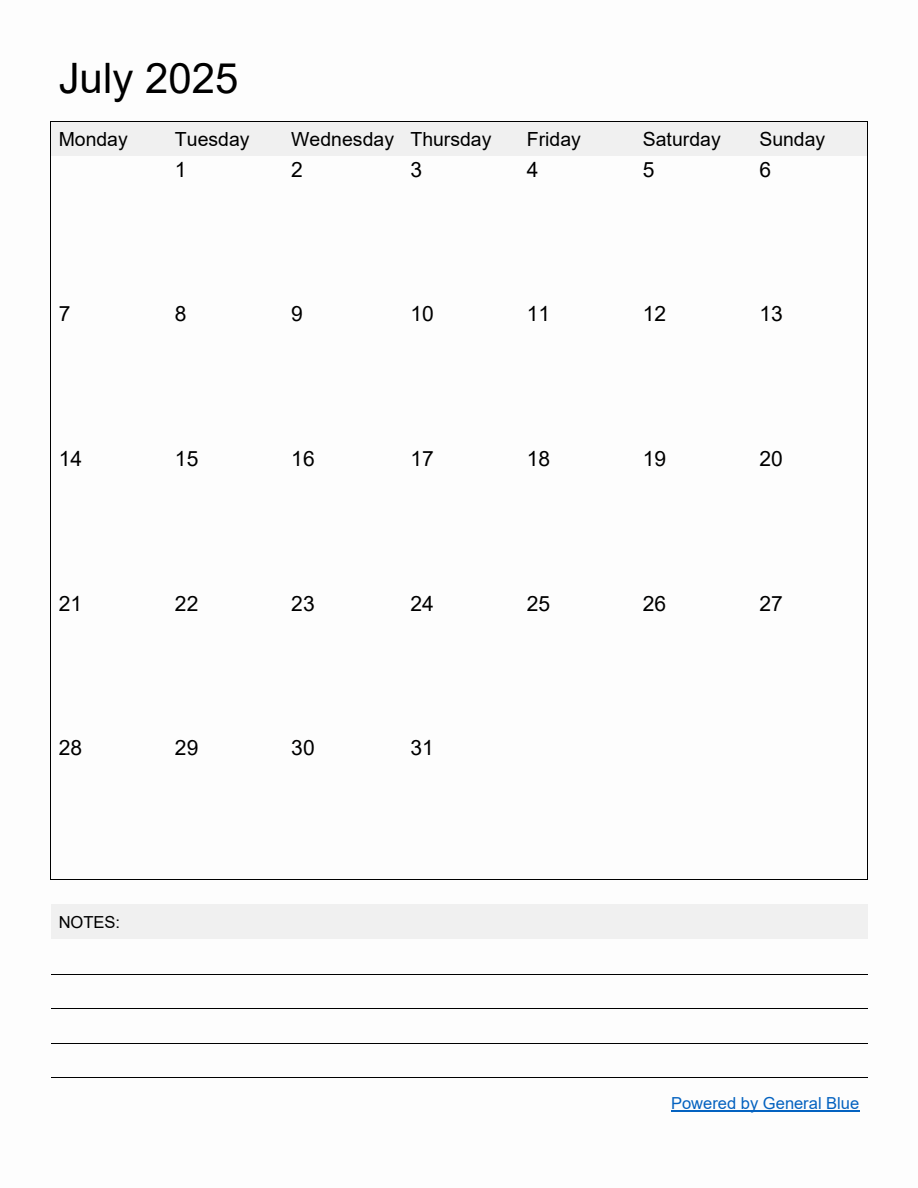 Free Printable Monthly Calendar for July 2025 - Monday Start