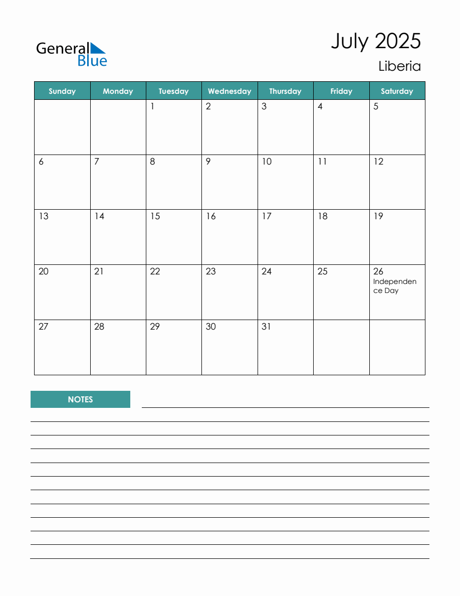 Monthly Planner with Liberia Holidays - July 2025