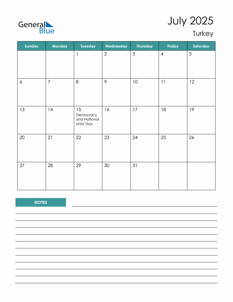 Monthly Planner with Turkey Holidays - July 2025