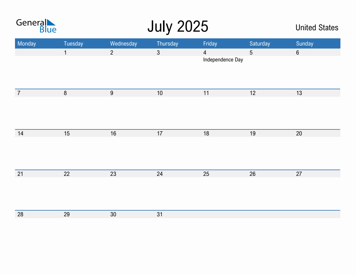 Editable July 2025 Calendar with United States Holidays (Monday Start)