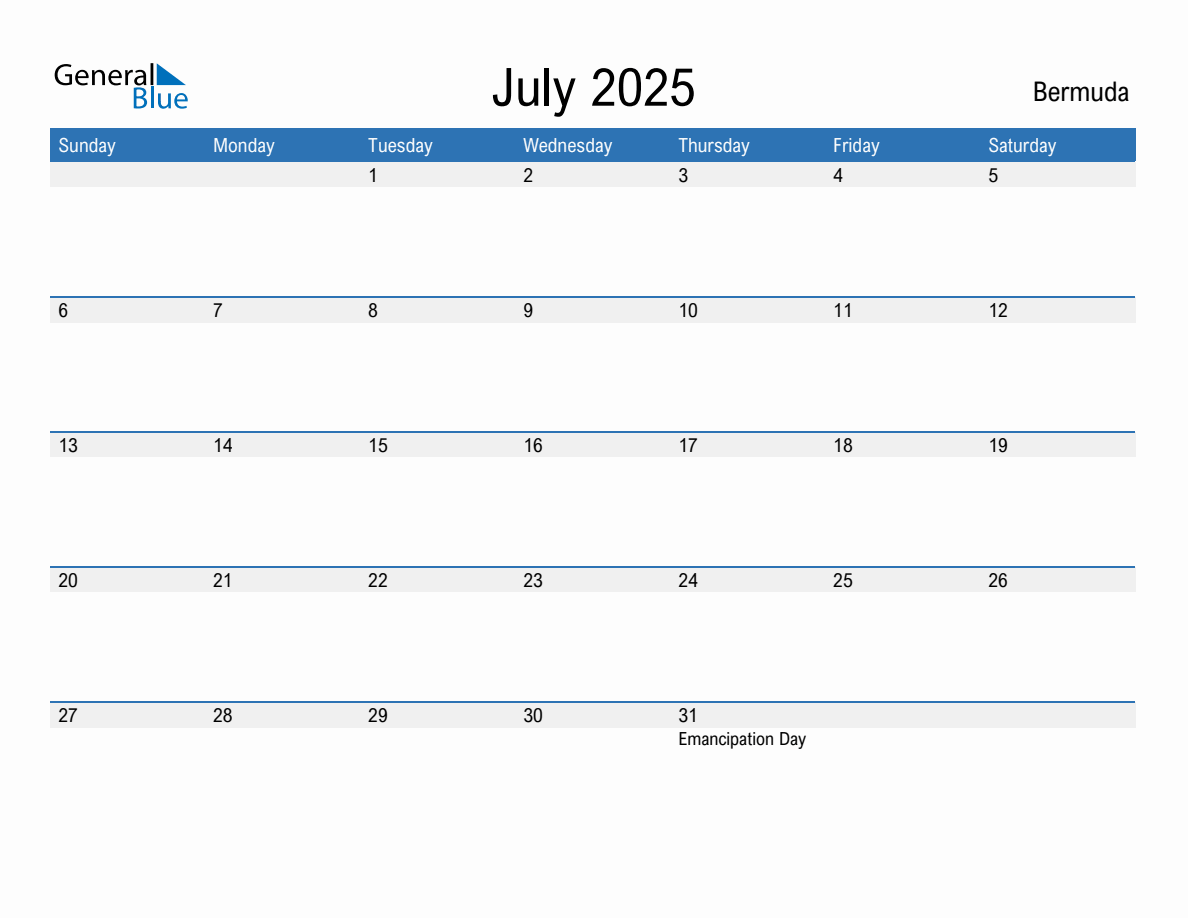 Editable July 2025 Calendar with Bermuda Holidays