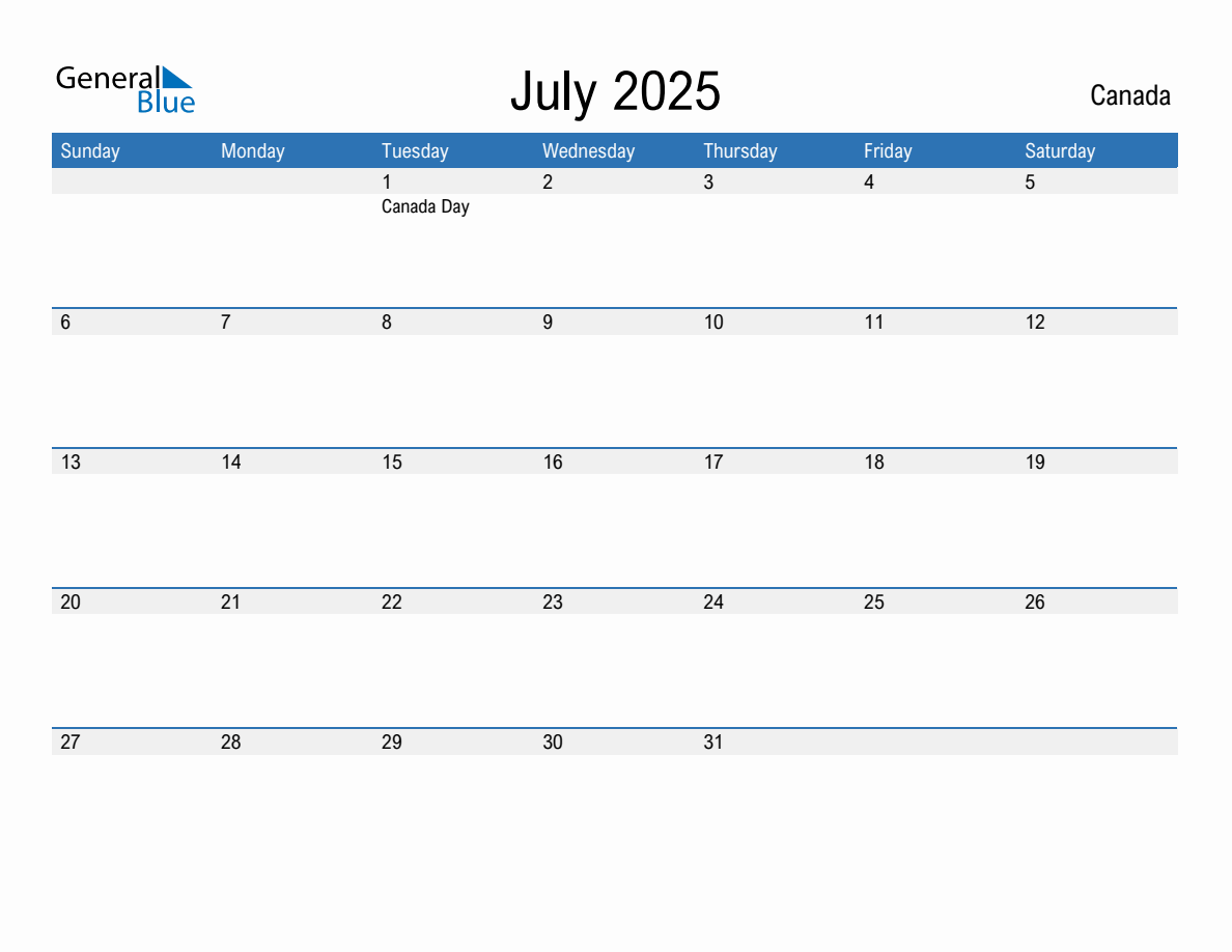 July 2025 Monthly Calendars with Canada Holidays