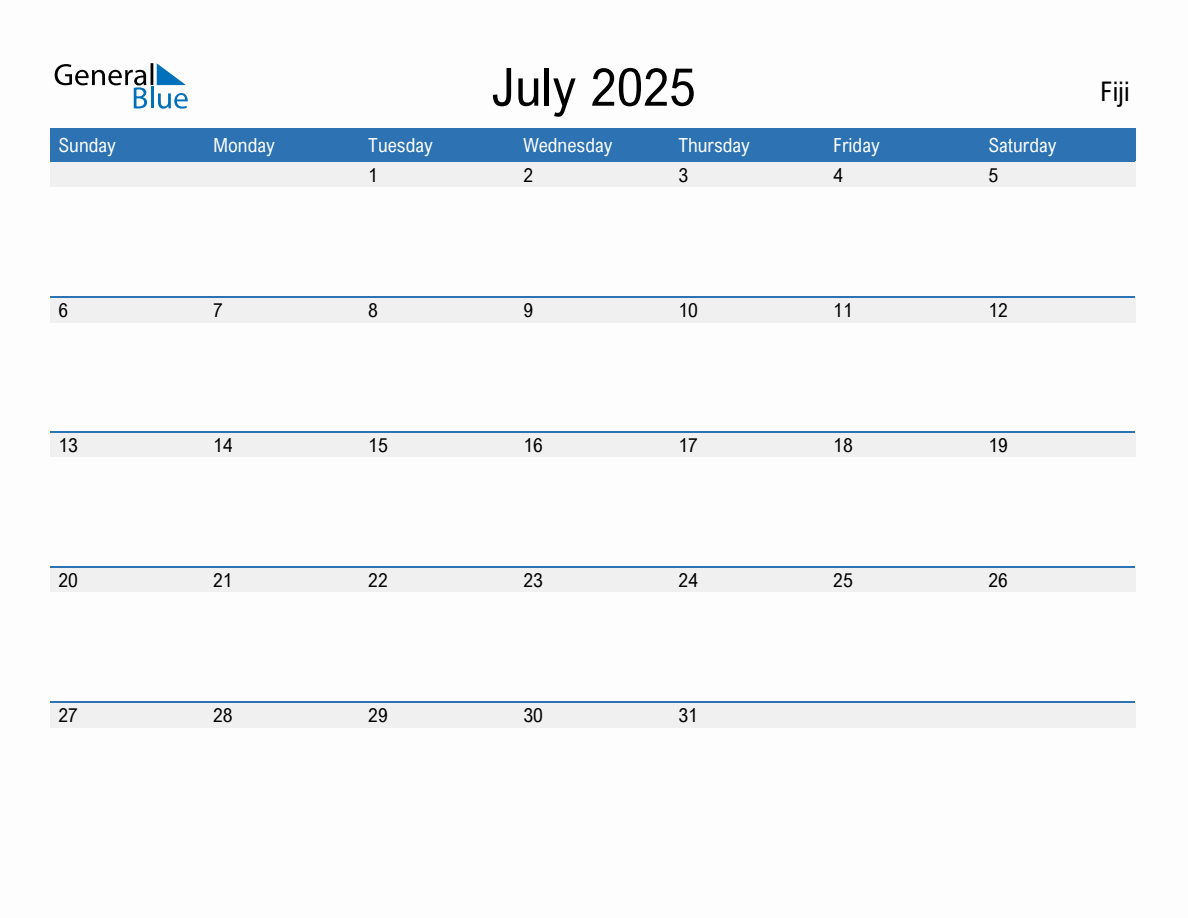 Editable July 2025 Calendar with Fiji Holidays
