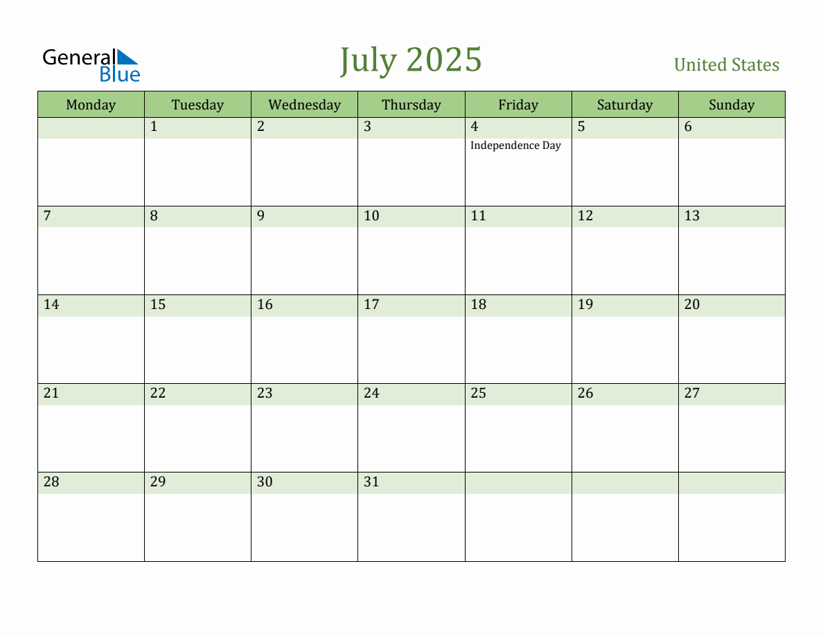 Fillable Holiday Calendar for United States - July 2025 (Monday Start)