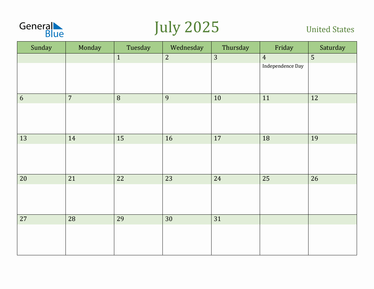 Fillable Holiday Calendar for United States - July 2025