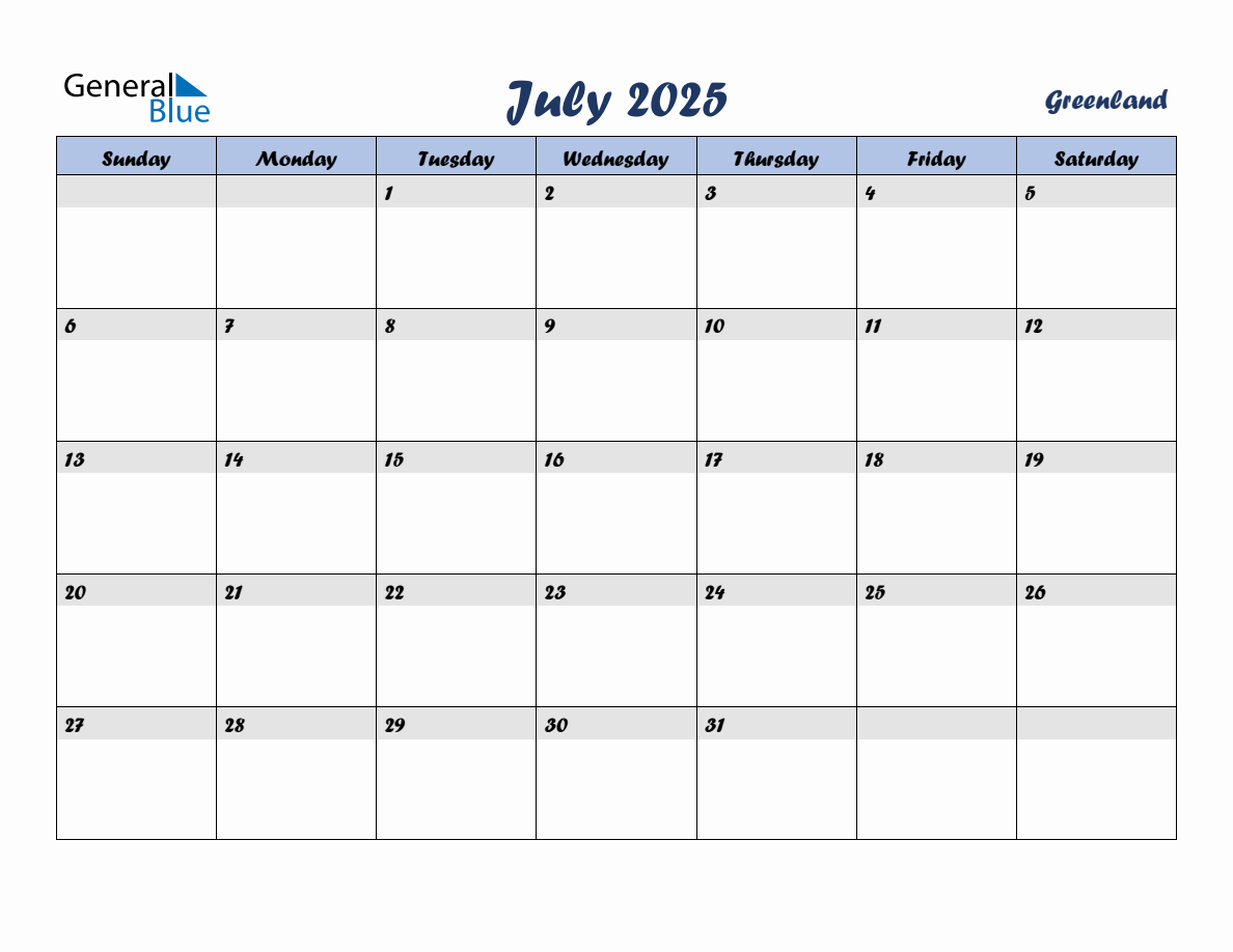 July 2025 Monthly Calendar Template with Holidays for Greenland