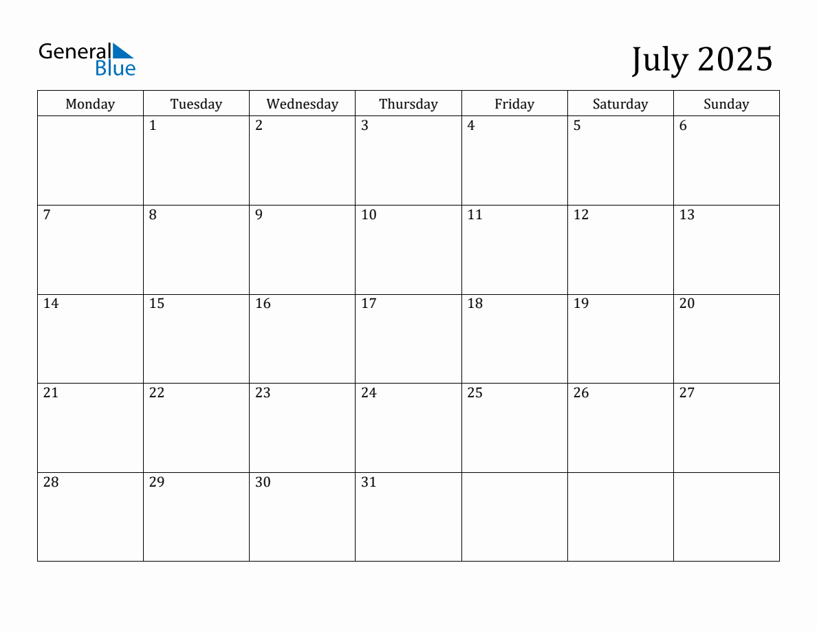 July 2025 Monthly Calendar - Monday Start