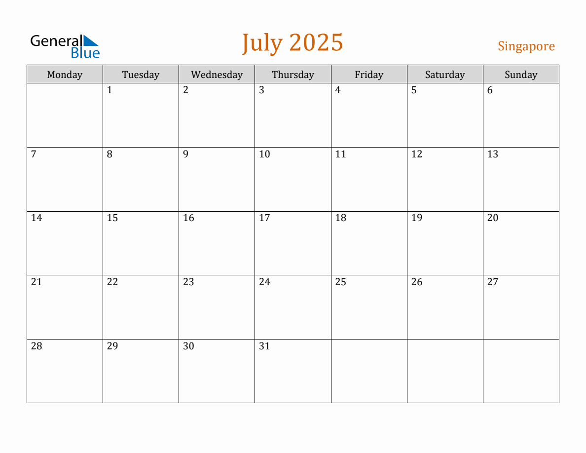 Free July 2025 Singapore Calendar (Monday Start)
