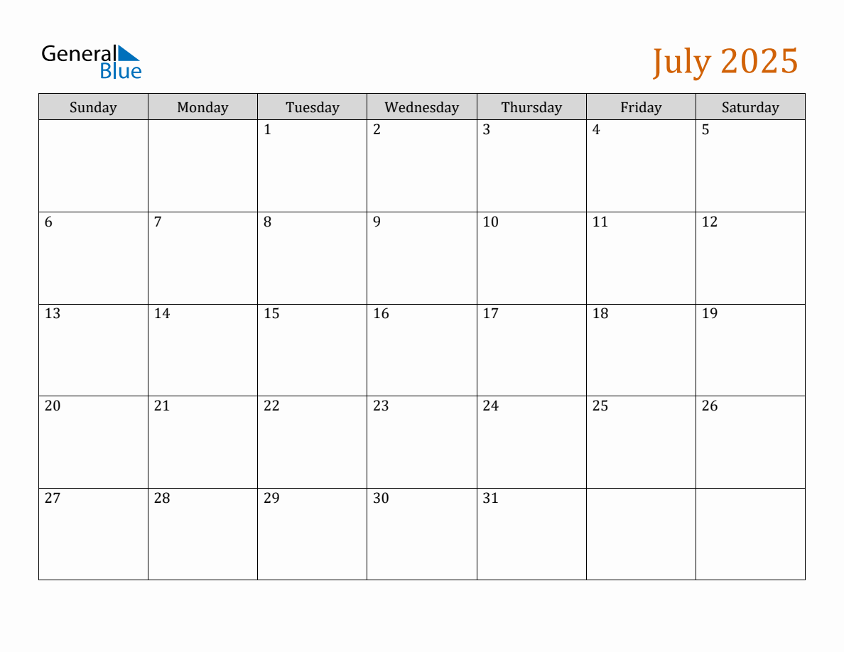 July 2025 Generic Monthly Calendar